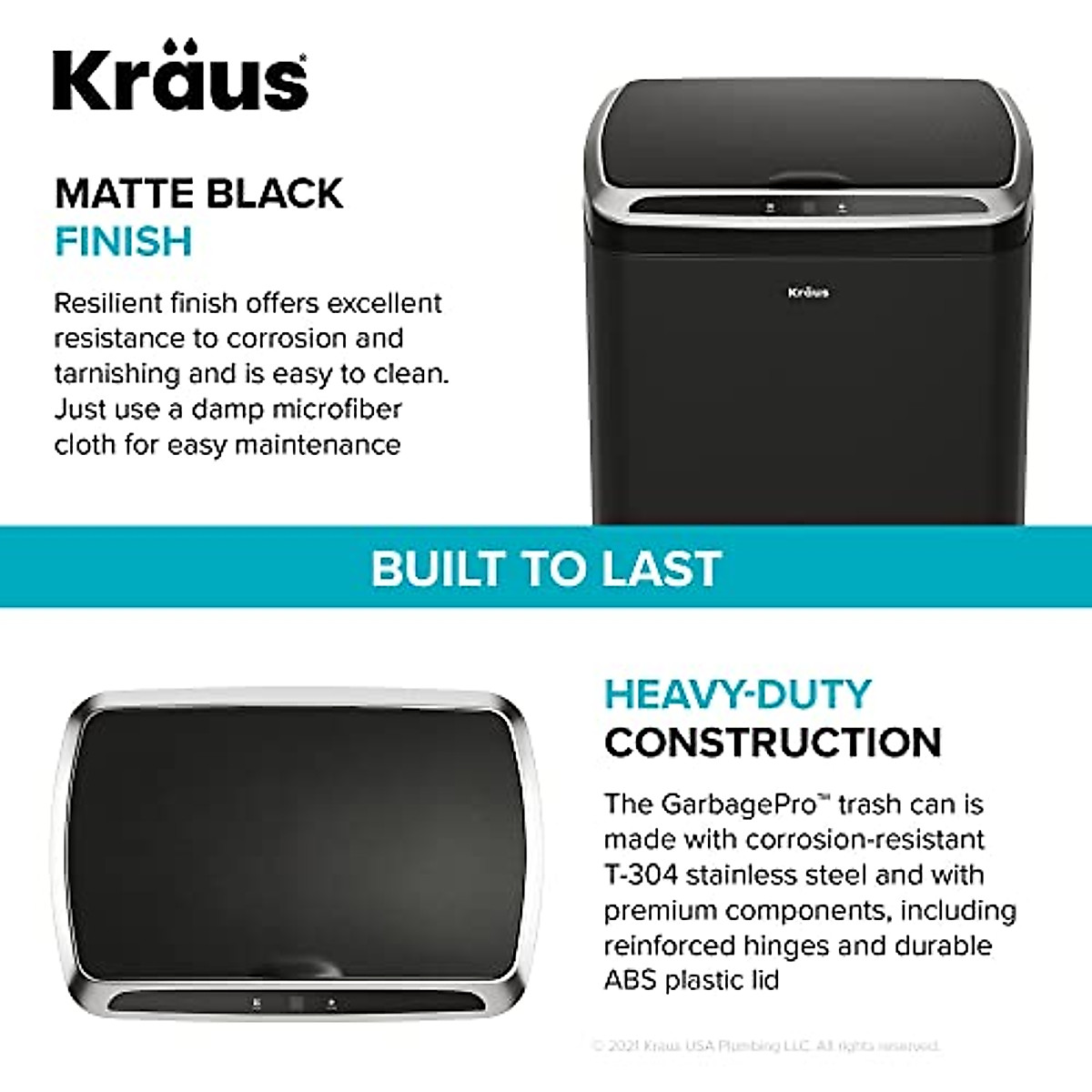 Kraus KTCS-10MB GarbagePro Rectangular 13 Gallon Hands-Free Motion Sensor Trash Can Battery Operated in Matte Black Finish with SoftShut Touchless Lid