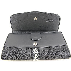 PELGIO Genuine Row Diamond Stingray Skin Leather Women's Trifold Clutch Wallet Black