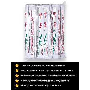Chinese Bamboo Disposable Chopsticks - Pack of 100 Pairs, 9" long, Has Directions on the Back of Each Pair! Great for Everyone and Food Service Customers!