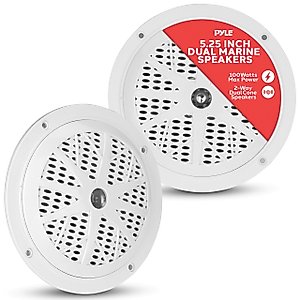 Pyle 5.25 Inch Dual Marine Speakers - 2 Way Waterproof and Weather Resistant Outdoor Audio Stereo Sound System with 100 Watt Power, Polypropylene Cone and Cloth Surround - 1 Pair - PLMR51W (White)