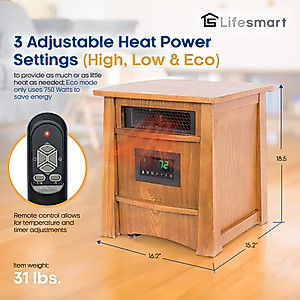 LifeSmart LifePro Ultimate 1500 Watts Electric Infrared Quartz Space Heater with Remote and 8 Heating Elements for Indoor Use, Brown Oak Wood