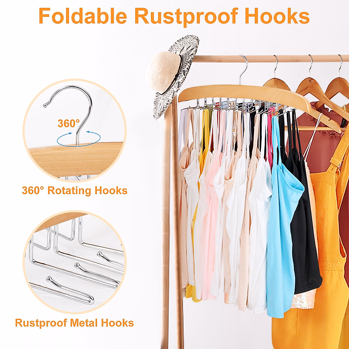 Resovo Tank Top Hanger with Premium Wood, 24 Large Capacity, Space Saving,360 Degree Rotating, Foldable Metal Hooks, Tank Tops