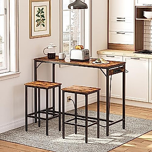 HOOBRO Bar Table Set with Power Outlet, 47.2“ Bar Table and Chairs Set, 3-Piece Pub Table Set, Kitchen Bar Height Table with Stools of 2, for Living Room, Dining Room, Rustic Brown and Black BF46UBT01