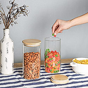 ComSaf Airtight Glass Storage Canister with Wood Lid(40oz), Clear Food Storage Container Jar with Sealing Bamboo Lid for Noodles Flour Cereal Rice Sugar Tea Coffee Beans, Round Set of 3