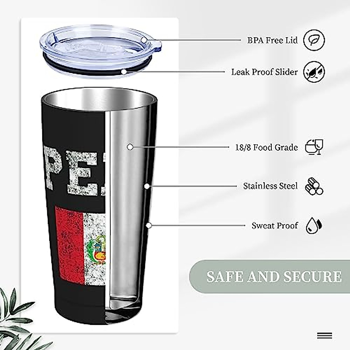 Peru Flag Peruvian Stainless Steel Vacuum Insulated Tumbler 20oz Coffee Cups Travel Mug Car Drinking Cup With Leak-Proof Flip Lid Metal Straw Cleaning Brush Gift For Men Women