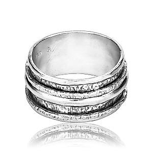 JEAN RACHEL JEWELRY 925 Sterling Silver Rotating Spinner Ring With 2 925 Silver Hammered Spinner Rings, Hypoallergenic Nickel and Lead-free, Artisan Handcrafted Designer Collection, Made in Israel