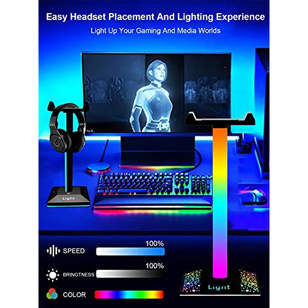 KANTUTOE RGB Gaming Headphone Stand Light with USB Port RGB Gaming Stand Light for Desktop PC Gaming Headset Accessories, Best Gift for Husband, Kids, Boyfriend