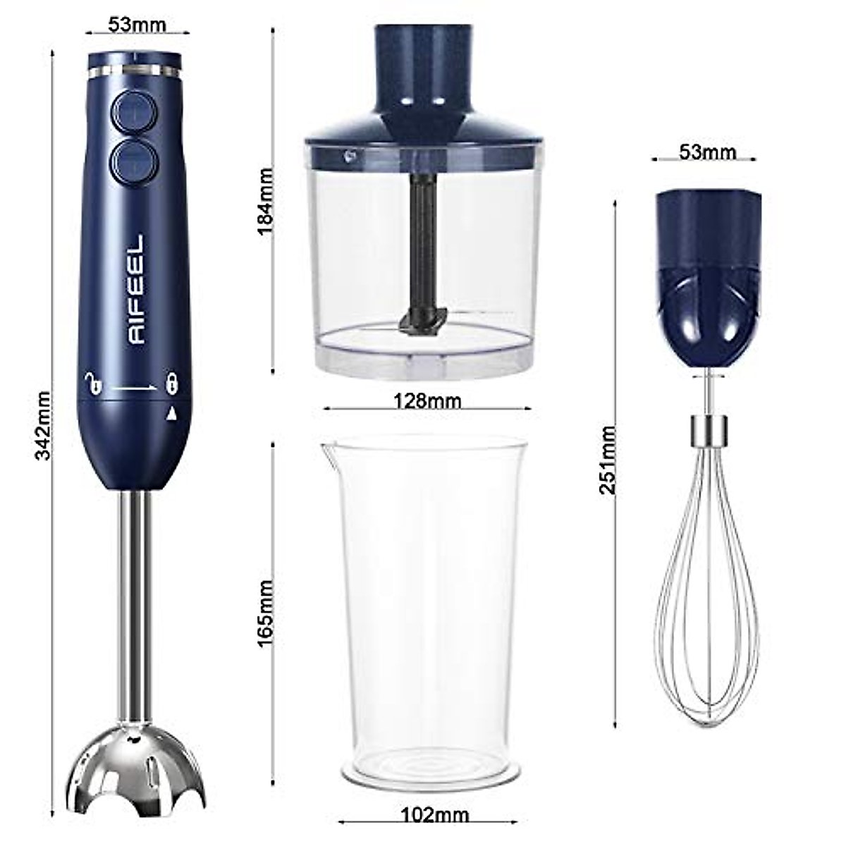 Aifeel Immersion Hand Blender.300W Handheld Stick Blender Set with 500ML Food Processor, Ice Crusher.600ML Measuring Cup, SUS blending attachment and Wire Whisk - Blue