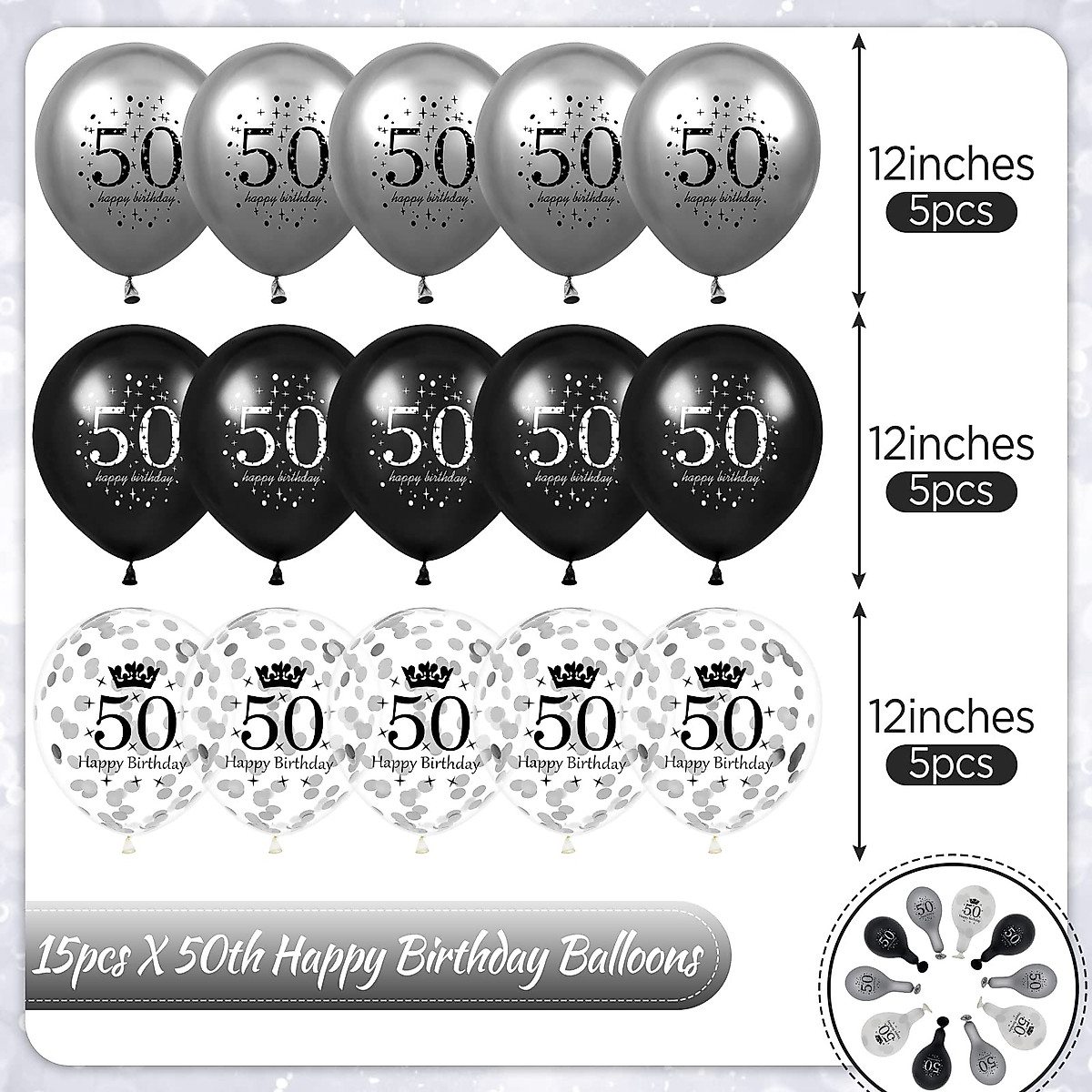50th Birthday Balloons Black Silver Party Decorations 15pcs 12 inch Latex and Confetti Balloon Printed with Happy Birthday 50th for Women Men 50th Anniversary Happy Birthday Party Decor Supplies