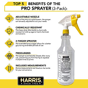 HARRIS Professional Spray Bottle 32oz (3-Pack), All-Purpose for Cleaning and Plants with Clear Finish, Pressurized Sprayer, Adjustable Nozzle and Measurements