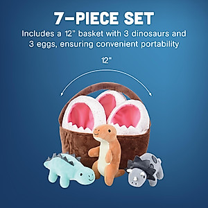 Cre8tive Minds Basket of Baby Dinosaur Plush Dolls, Super Soft Dinosaur Plushy Set, 7-Piece Toddler Toys for All Ages, Includes 3 Dinos, Dino Eggs, and Basket (MTC-1017)