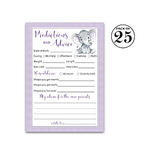 PURPLE ELEPHANT Prediction and Advice Cards - Pack of 25 - Girl Boy Baby Shower Games, New Parents, Mom & Dad to be, Mommy & Daddy Message, Couples Coed Shower Activity Keepsake Book G503-PDAV