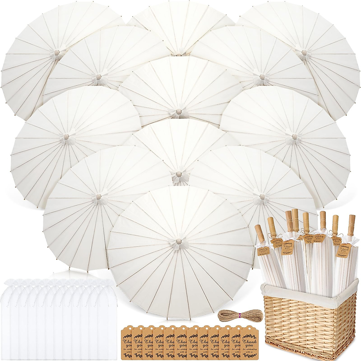 Huhumy 12 Set 33 Inch White Paper Umbrellas Paper Thank You Card Wedding Favor Decorative Chinese Japanese Silk Parasol Umbrella DIY Oiled Paper Painting Umbrellas for Wedding Bridal Decor