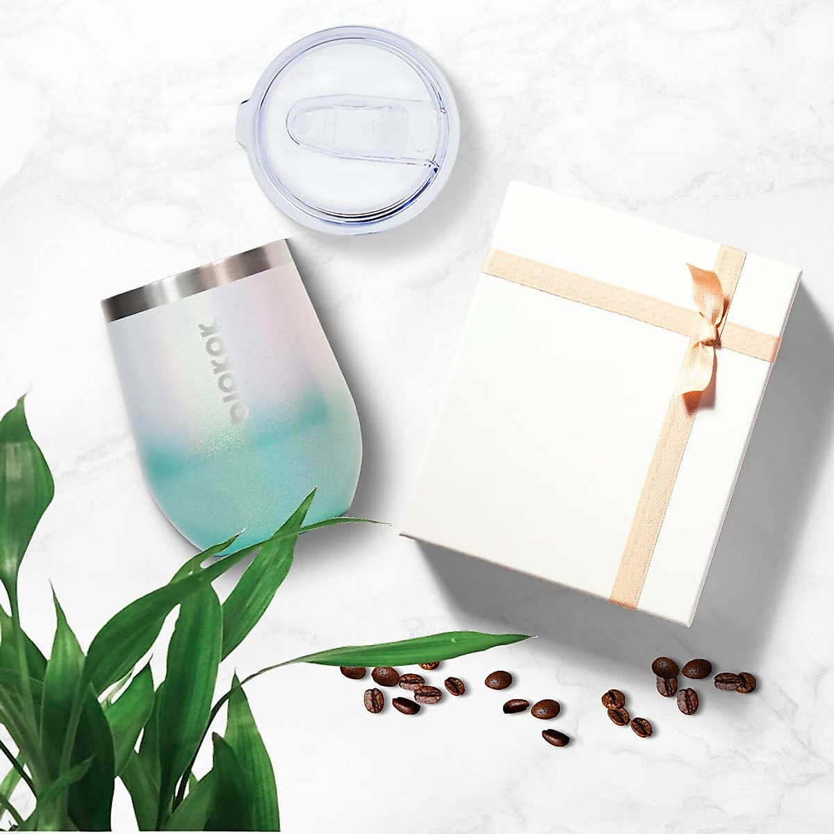 BJPKPK 2 pcs 12oz Insulated Wine Tumblers, 12oz Double Wall Vacuum Coffee Mugs with Lid, Unbreakable Stainless Steel Wine Glasses, Insulated Coffee Cups for Home & Outdoor, Shimmer-Green