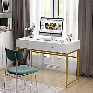 Tribesigns Computer Desk, Modern Simple 47 inch Home Office Desk Study Table Writing Desk with 2 Storage Drawers, Makeup Vanity Console Table, White and Gold