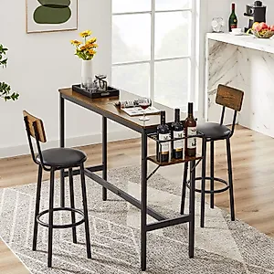 GNIXUU Bar Table and Chair Set for 2, 3-Piece Wooden Pub Dining Set with Folding Wine Rack, Industrial Kitchen Counter Height Table with 2 PU Stools for Breakfast Nook Bistro Small Space(Brown)