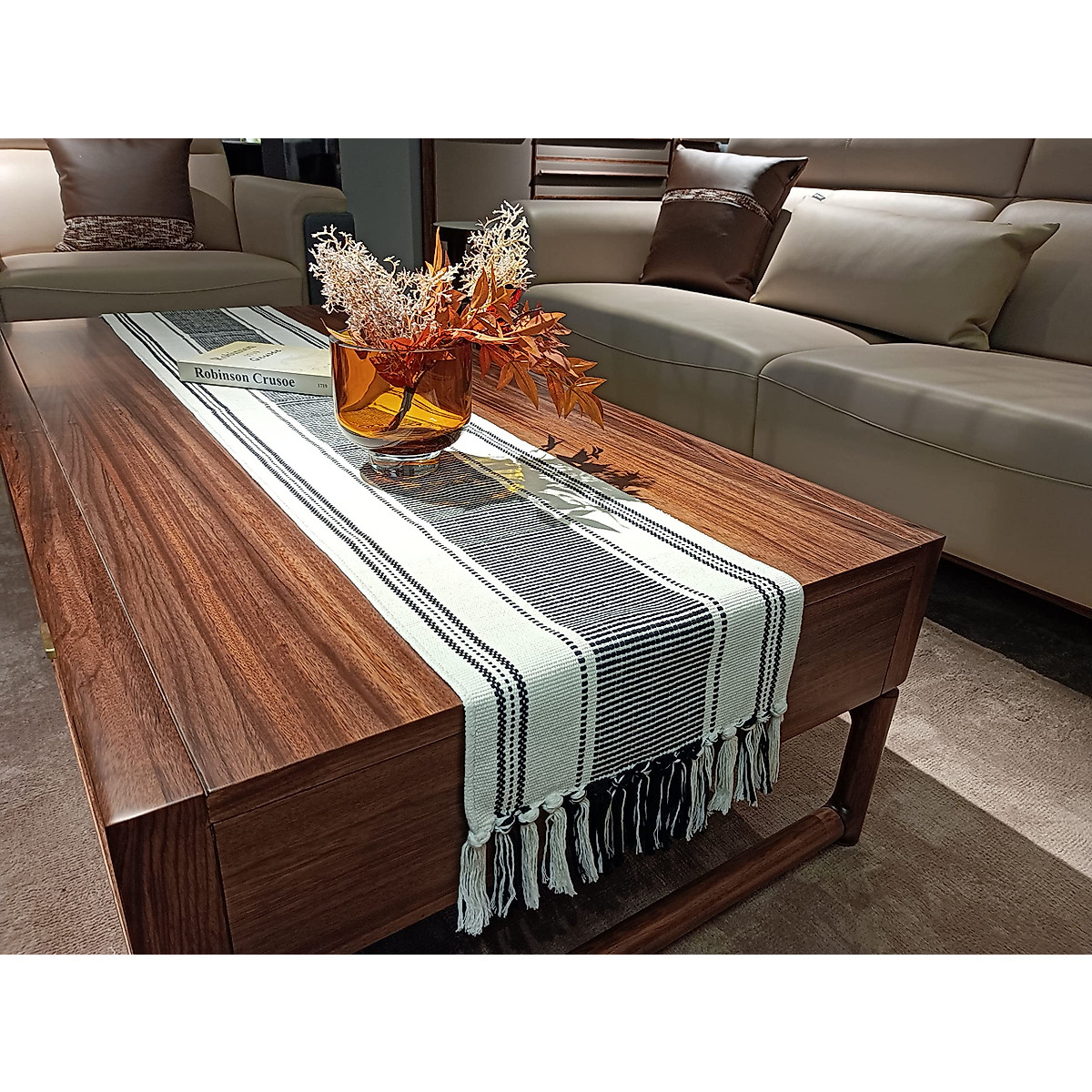 Caflife Boho Table Runner Balck and White for Modern Farmhouse Decor, Natural Cotton Woven Runner with Tassels for Home Dining Table décor 13 x 72 Inch Long