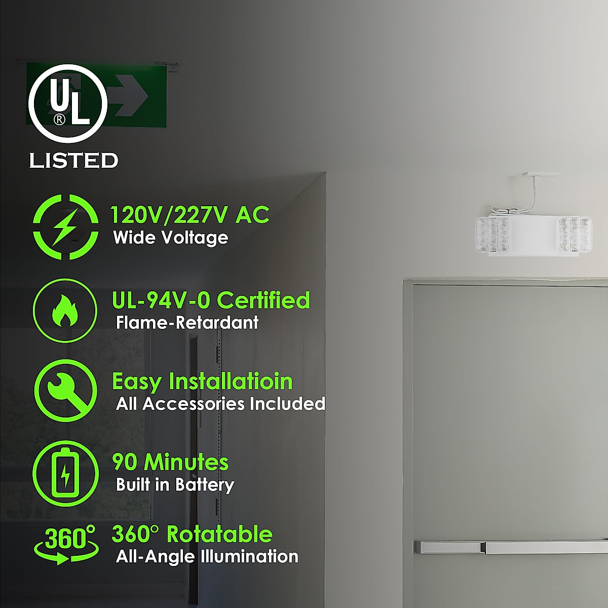 GRUENLICH LED Emergency Light, Exit Lighting Fixtures with Two LED Heads and Back-Up Batteries, UL 924 Qualified, 120-277 Voltage, 4-Pack