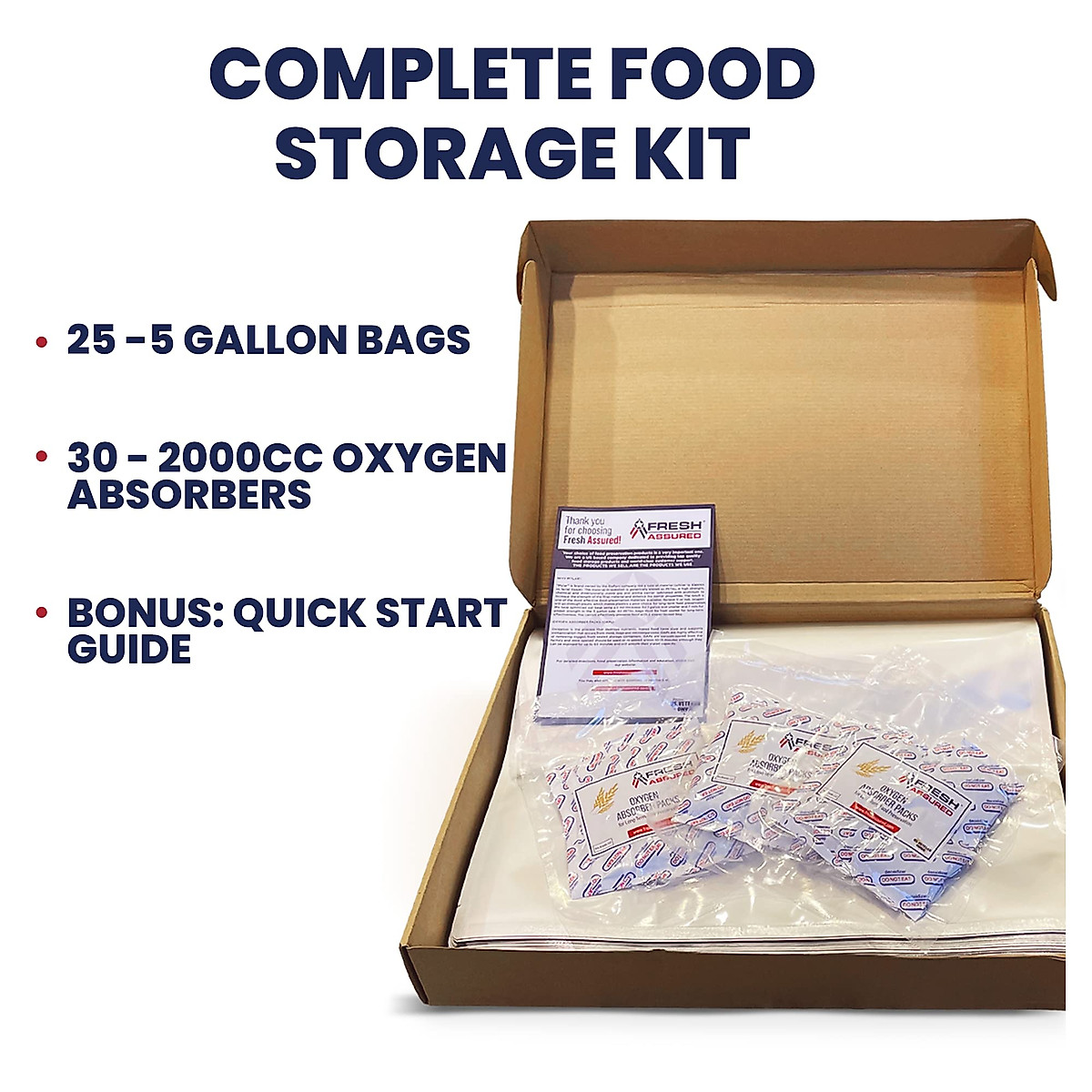 Fresh Assured | 25-Pack 5 Gallon Mylar Bags with Oxygen Absorbers (30 x 2000cc) | 7 mil | BPA Free | Long-Term Food Storage Container Sets