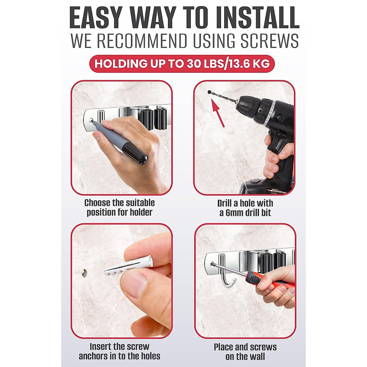 Mop and Broom Holder Wall Mount, Keep your Closet and Garage Tidy with a Heavy Duty Wall Mounted Mop and Broom Holder, - Utility Rack Laundry Room Organization and Storage Tool Rack Organizer Hooks