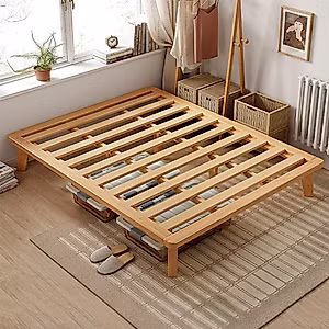 NELYE Queen Platform Bed Base - 14 Inch Solid Wood Mattress Foundation with Support Slats and Legs, Queen-Size Rubberwood Simple Bed Frame