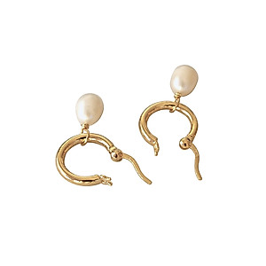 Yellow Gold Plated over Sterling Silver 8x7mm Oval Pearl 14mm Hoop Earrings for women - Small Dainty Hoops | Handmade by MiYa Jewelry creations