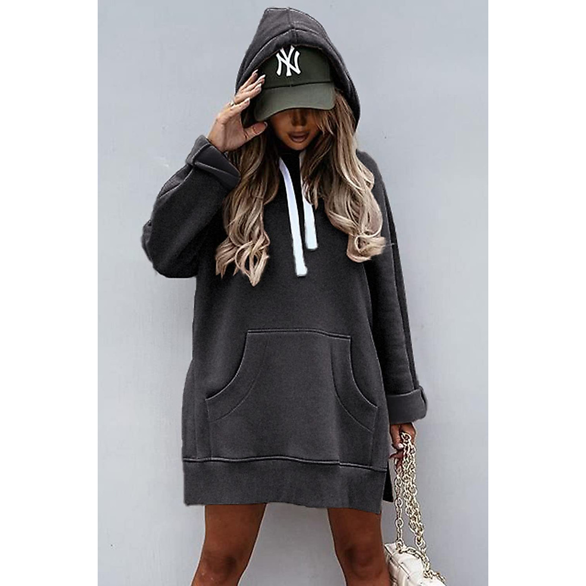 PRETTYGARDEN Women's Casual Pullover Sweatshirt Long Sleeve Split Hem Hoodie Dress with Kangaroo Pocket (Dark Grey,Small)