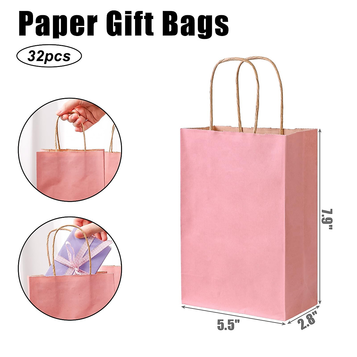 JOHOUSE 32PCS Pink Paper Bags with Handle, Party Favor Bags Gift Bags with Handles for Proposal Girl Birthday Goodie Bags 5.5" x 2.8" x 7.9"