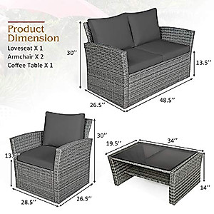 Tangkula 4 Pieces Patio Furniture Set, All Weather Outdoor Sectional Rattan Sofa Set with Cushions & Tempered Glass Table, Wicker Conversation Couch Set for Backyard Garden Poolside