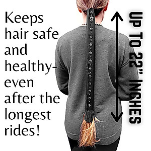 Black Leather Hair Wrap 6" inch to 22" inch - Handmade Ponytail sleeve & Protective Long Hair Saver | Colorful Bike Hair Tie Motorcycle Helmet Accessory with Fringe & Crystals | Made in USA