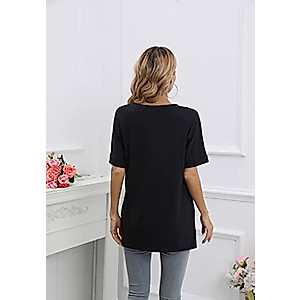 IRISGOD Womens V Neck Oversized T Shirts Loose Fit Short Cuffed Sleeves Tee Tops Black