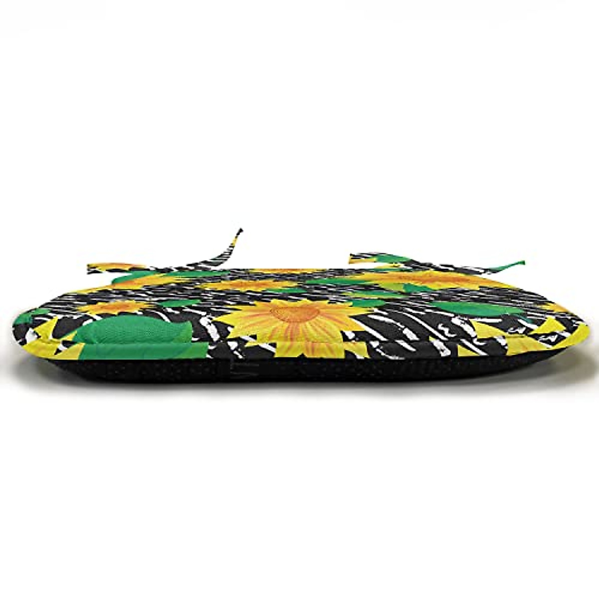 Lunarable Floral Chair Seating Cushion Set of 4, View of Sunflowers on a Background of Monochrome Stripes, Anti-Slip Seat Padding for Kitchen & Patio, 16"x16", Charcoal Grey Yellow