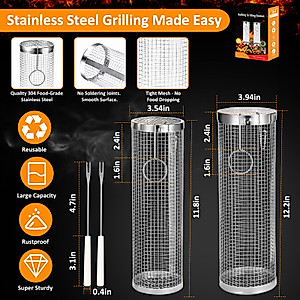 Grill Basket 4 PCS, BBQ Grill Basket, Rolling Grilling Basket, Stainless Steel Grill Mesh Barbeque Grill Accessories, Portable Grill Baskets for Outdoor Grill for Fish, Shrimp, Meat, Vegetables, Fries