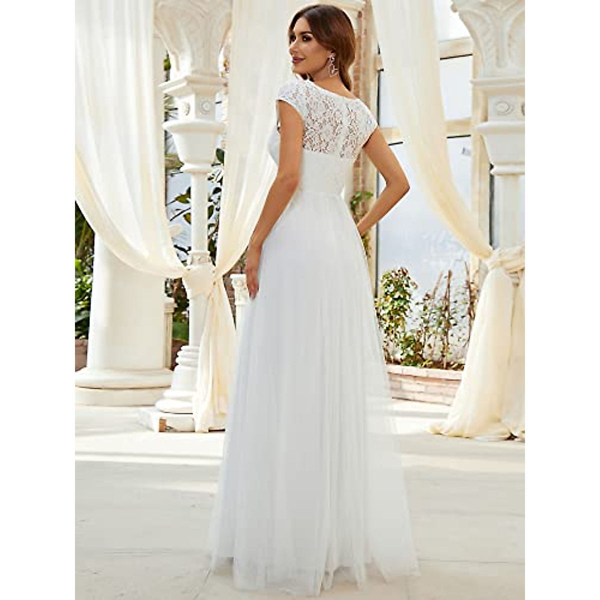 Ever-Pretty Women's Cap Sleeve Lace A-line V-Neck Long Evening Dress for Wedding Party White US8