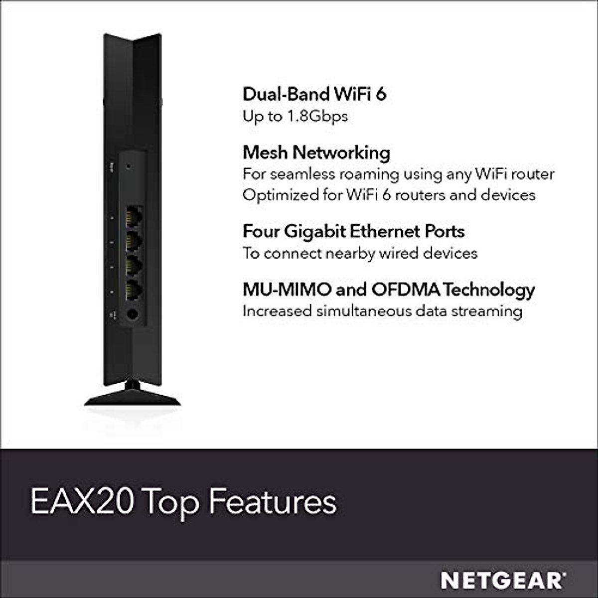 NETGEAR WiFi 6 Mesh Range Extender (EAX20) - Add up to 1,500 sq. ft. and 20+ devices with AX1800 Dual-Band Wireless Signal Booster & Repeater (up to 1.8Gbps speed), plus Smart Roaming
