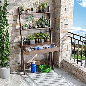Tangkula Ladder Desk with Countertop & Drawer, Freestanding 2-Tier Ladder Shelf Desk, Modern Computer Desk Laptop Table with Storage Bookshelf, Anti-Toppling Device (Walnut)