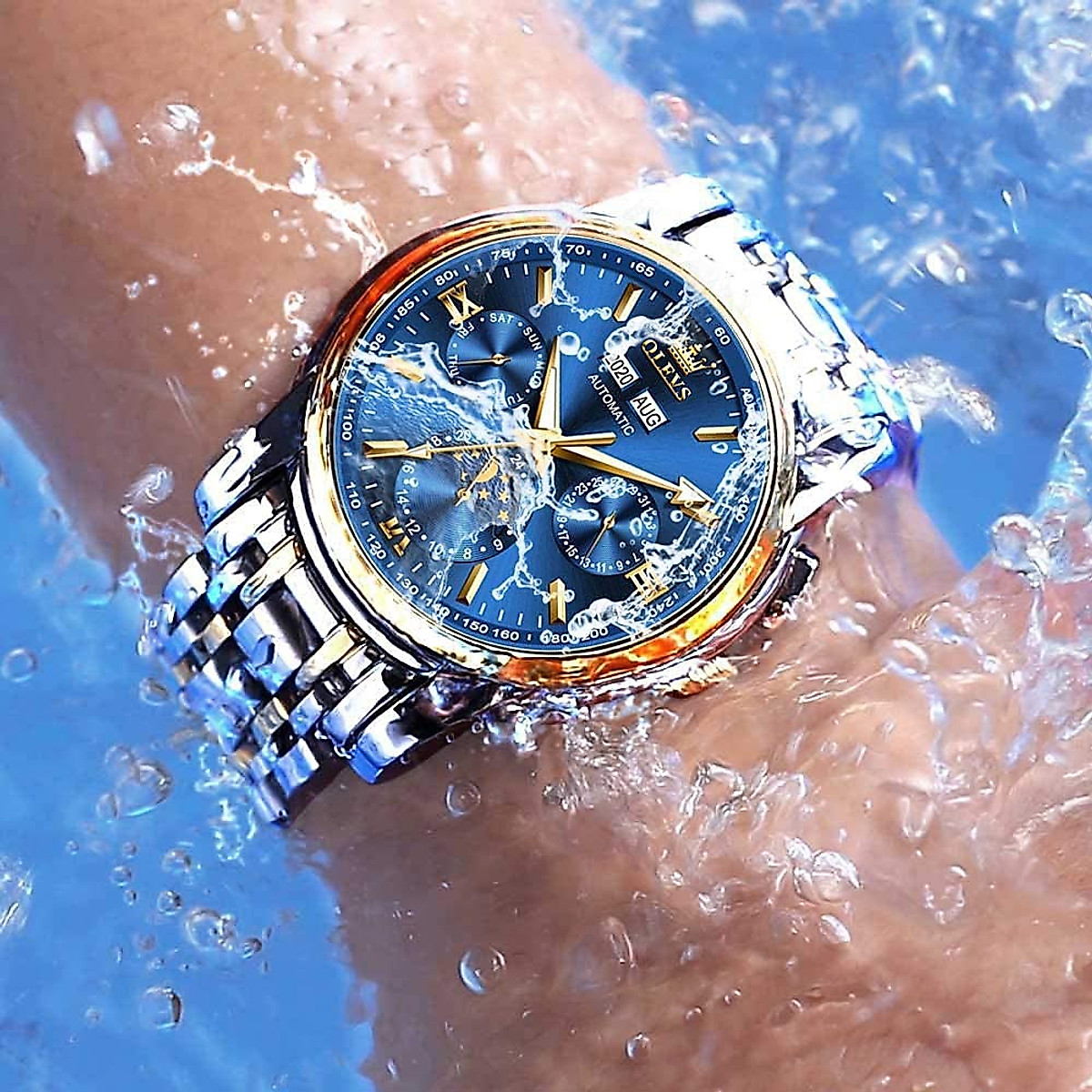 OLEVS Automatic Men Watch Self Winding Mechanical Luxury Dress Moon Phase Stainless Steel Blue Face Waterproof Luminous Calendar Wrist Watch