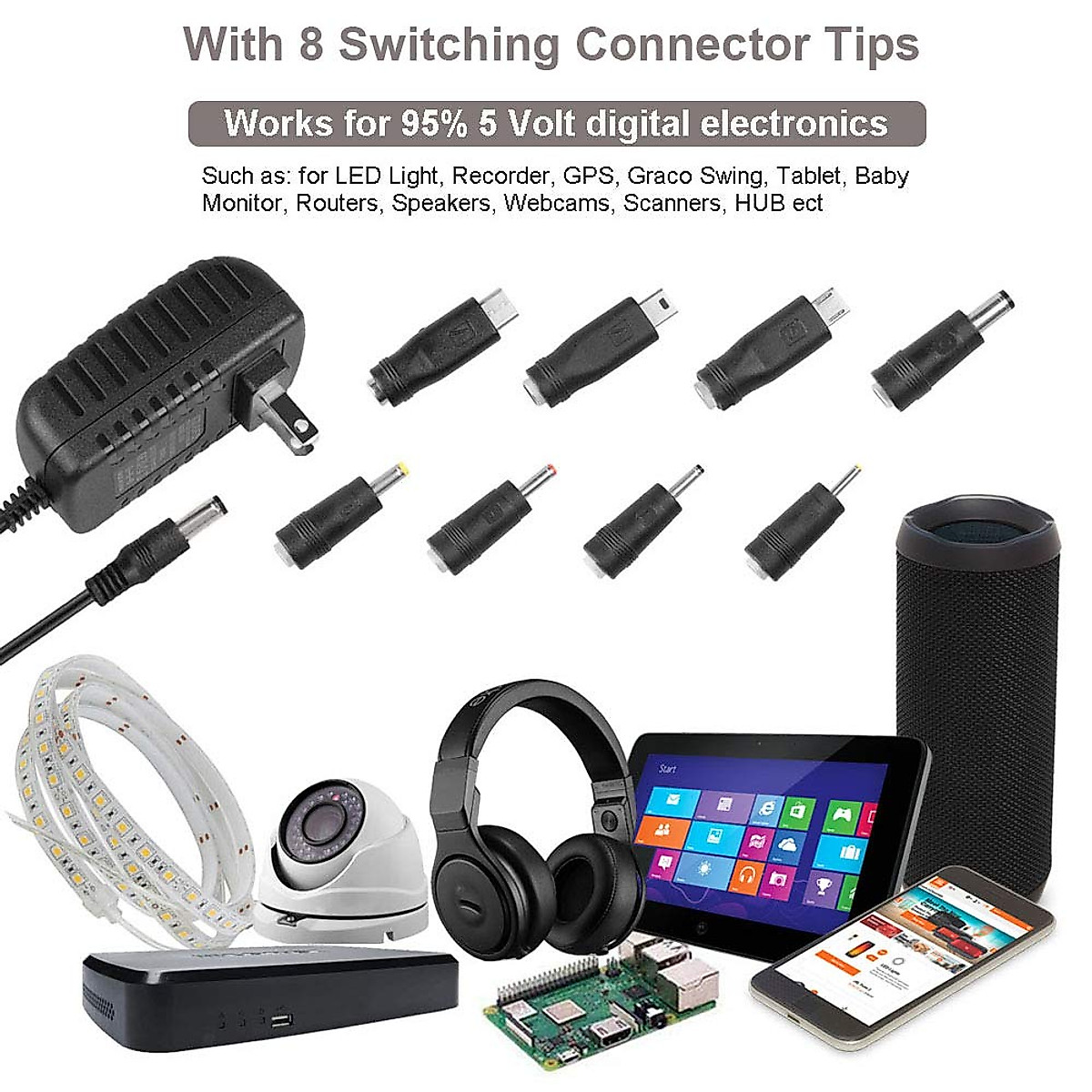 DC 5V 2A 2000mA Power Supply Cord Charger Multi Tips 10W AC Adapter with 8 Selectable Multiple Switching Connectors for TV Box LED Lights Strip Tablets Webcam Camera Speaker Router Transformer ect
