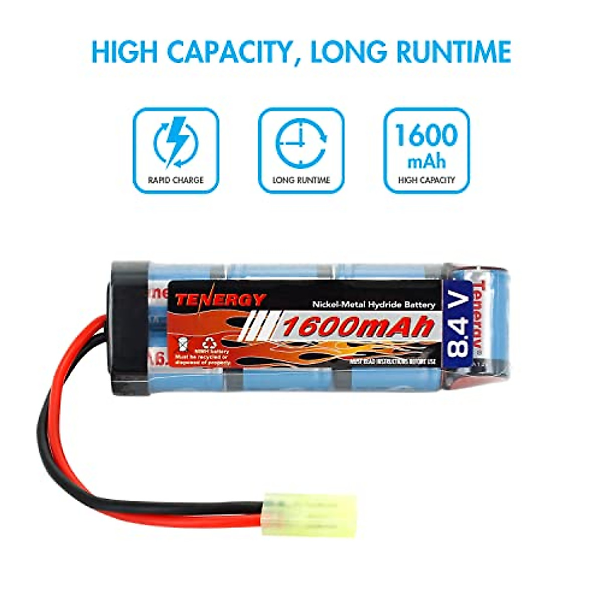 Tenergy Airsoft Battery 8.4V NiMH Flat Battery Pack w/Mini Tamiya Connector High Capacity 1600mAh Battery for Airsoft Guns MP5, Scar, M249, M240B, M60, G36, M14, RPK, PKM