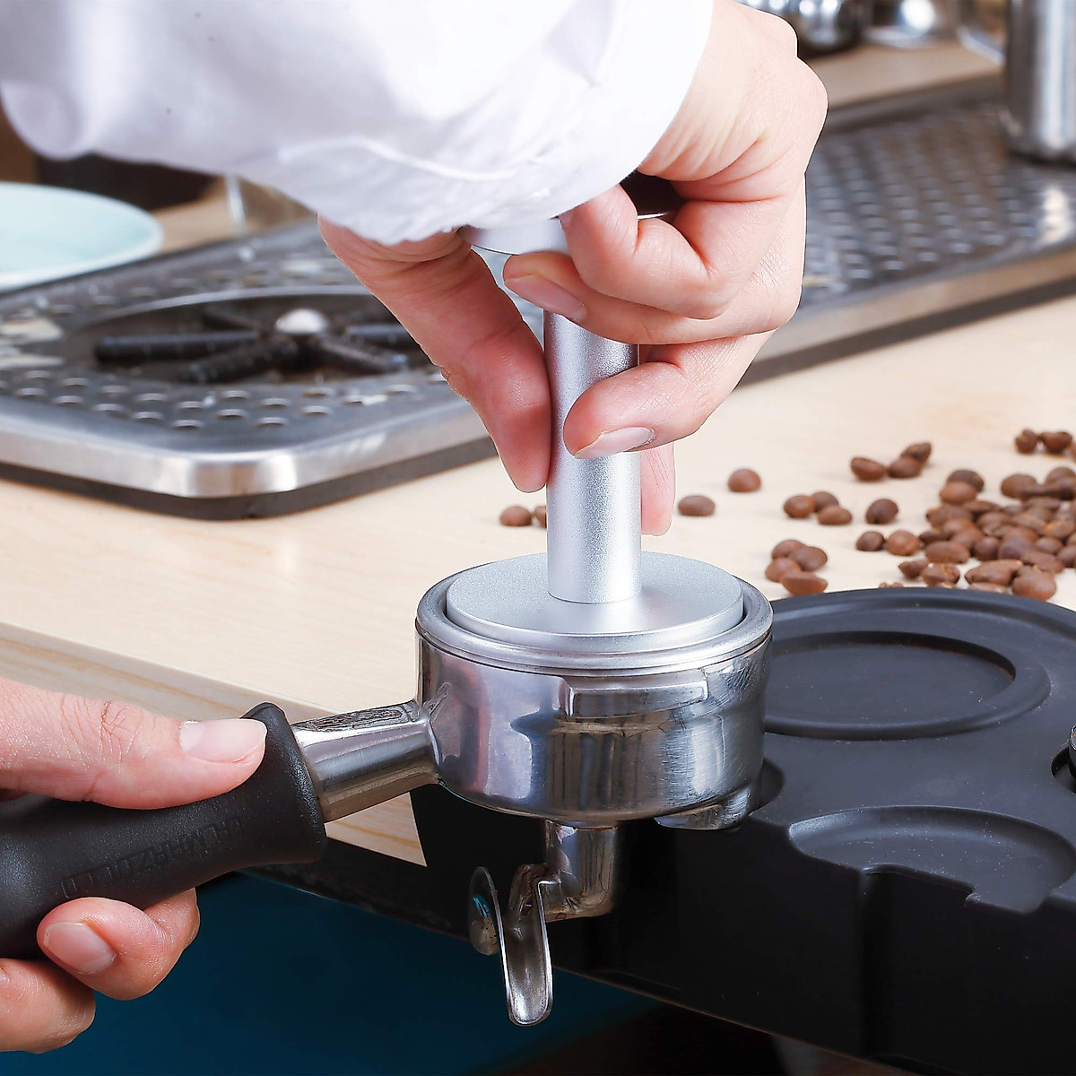 MMtong Coffee Tamper, Espresso Tamper Set 51/58mm for Espresso Barista，Aluminum Tamper Press plus Free 5oz/150ml Milk Frothing Pitcher with Art Pen, Silver