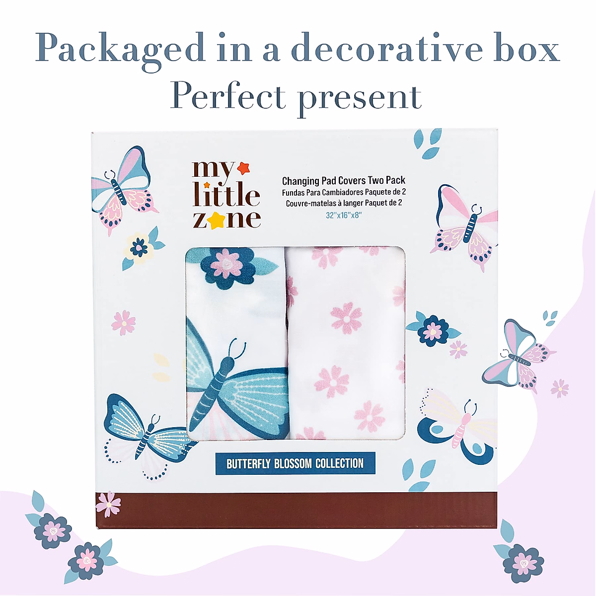 My Little Zone 100% Cotton Changing Pad Cover for Baby Girls, Floral - Breathable Bassinet, Mini Crib Mattress Fitted Sheets - Butterfly Blossom, 32"x16" with 8" Deep Pocket, White-Light Pink, 2 Pack