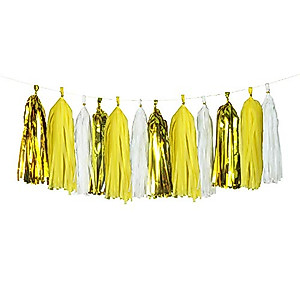 Yellow Birthday Party Decoration - 6 Hanging Fans & Birthday Banner & Decorative Circle Dot Garland & 12 Paper Tassels for Birthday Party, Baby Shower, Wedding etc.