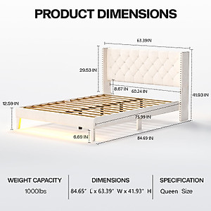 Lihimte Queen Size Bed Frame with Led Lights, Upholstered Velvet Platform Bed Frames with Button Tufted Wingback Headboard and Footboard, Wooden Slats Support, No Box Spring Needed, Beige