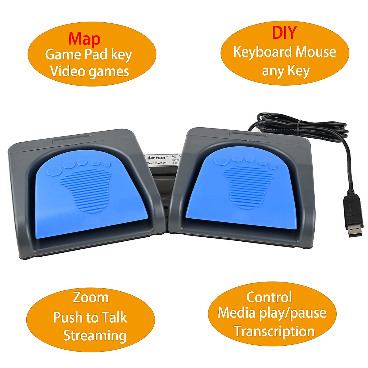 iKKEGOL Upgraded USB Foot Double Switch Pedal Assembly Control Two 2 Key Footswitch Program Customized Computer Keyboard Mouse Game Action HID (Blue Pedal)
