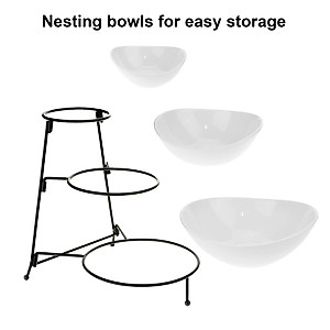 Roe & Moe 3 Tier Serving Stand Ceramic Bowl Set with Metal Rack, Tiered Bowls for Parties Candy Appetizer Dessert Fruit Cake Veggies Chips & Dip