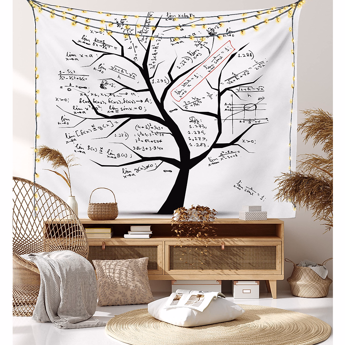 Lunarable Mathematics Room Tapestry King Size, Math Tree Branches Complex Formulas Solution Knowledge Print, Wall Hanging Bedspread Bed Cover Wall Decor, 30" X 45", Black and White