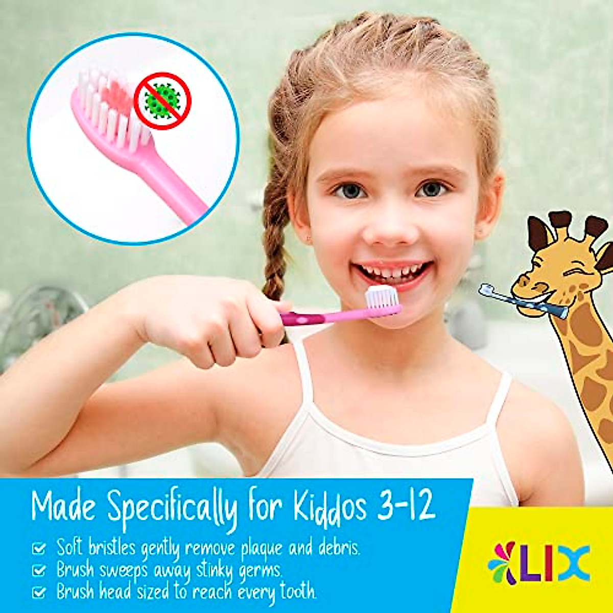 55Dental Kids Toothbrush Set of Soft Giraffe Toothbrush for Kids 3-9. Easy-Grip, Bristle Cover, Self-Standing & Splited Bottom for Cup Rim. by Lix, 4 Colors