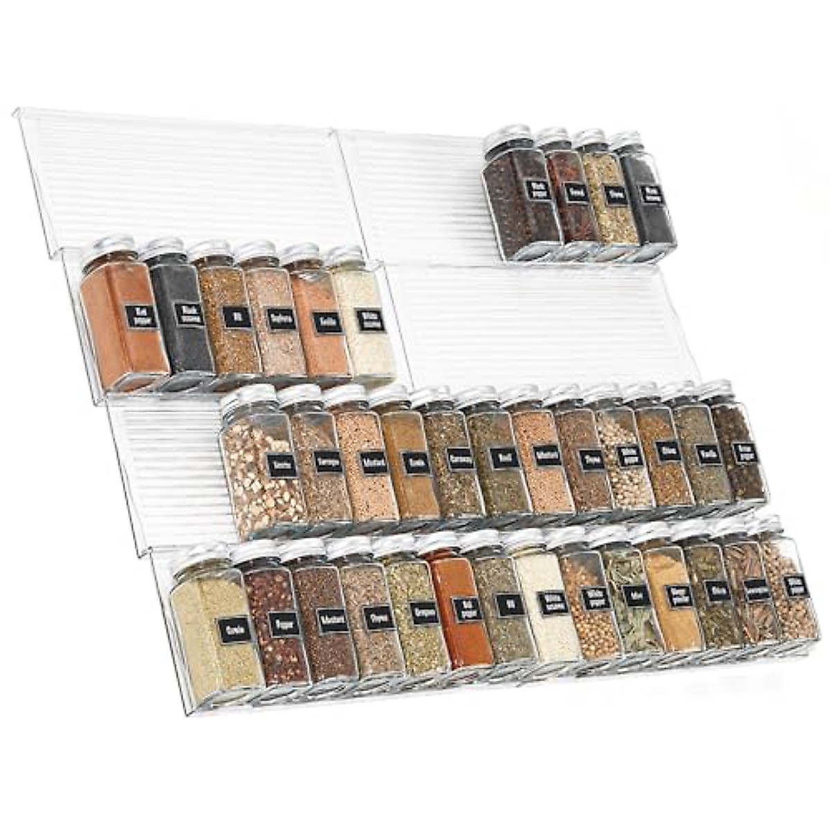 Lifewit Plastic Adjustable Spice Drawer Organizer, Expandable Spice Rack for Countertop, Jar Storage Tray for Condiment, Seasoning, Syrup,Liquor, Medicine for Kitchen, Pantry, Set of 8, Clear