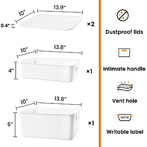 vacane Large Plastic Storage Baskets with Snap Lid, Extremely Durable, Storage Baskets for Organizing Stackable Storage Box with Handle for Closet Office, 14 x 10 x 8 inch, White
