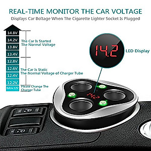 Skyocean 3 Socket Cigarette Lighter Splitter Power Adapter + 3 USB Car Charger 120W 12V/24V DC Outlet with Volt Meter, On/Off Switch for Cell Phone GPS Dash Cam & All Electronic Devices (Black)